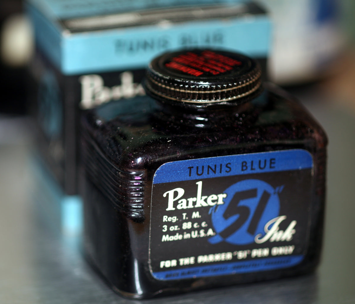 Z-Parker 51 Ink - 3½ oz Bottle of Tunis Blue Ink (Empty) - 1940s Vinta ...
